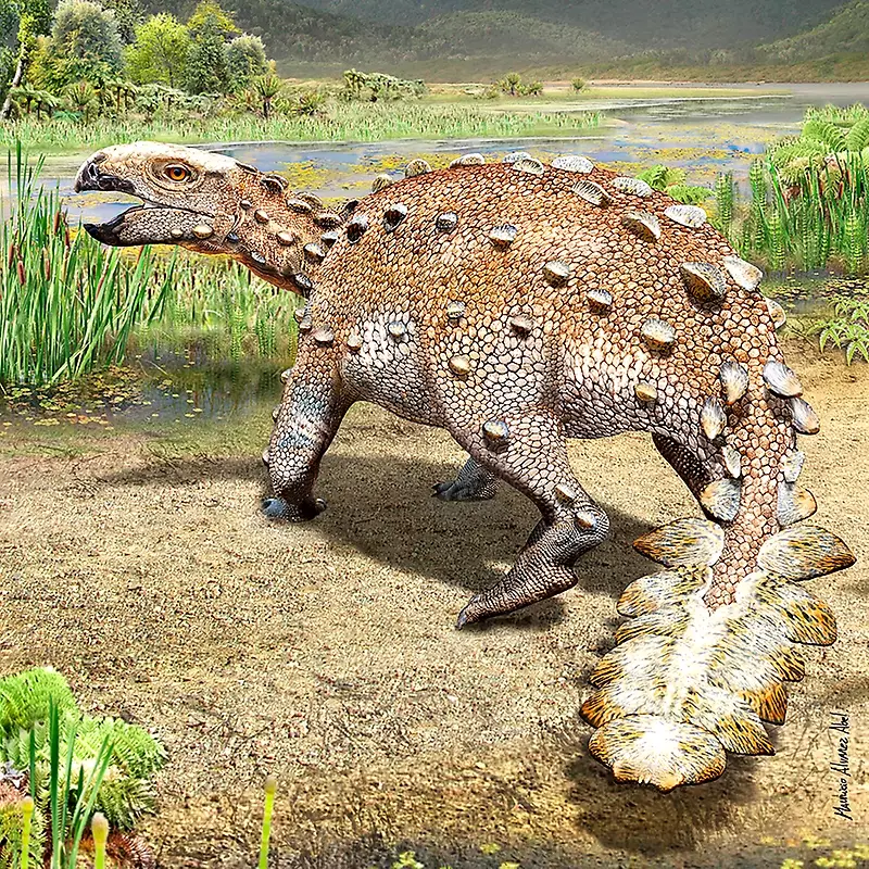 ankylosaurus miaraka amin'ny rambony mitovitovy amin'ny klioba an'ny Azteky fahiny