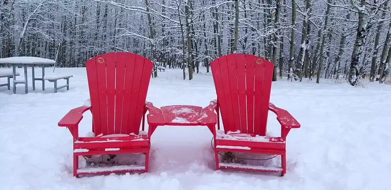 Snow Elk Island National Park Canadá Red chairs